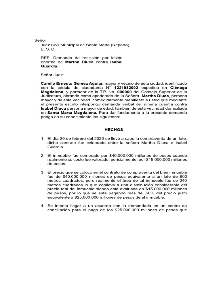Demanda Verbal Sumario de Minima Cuantia de Martha Duica Contra Isabel ...