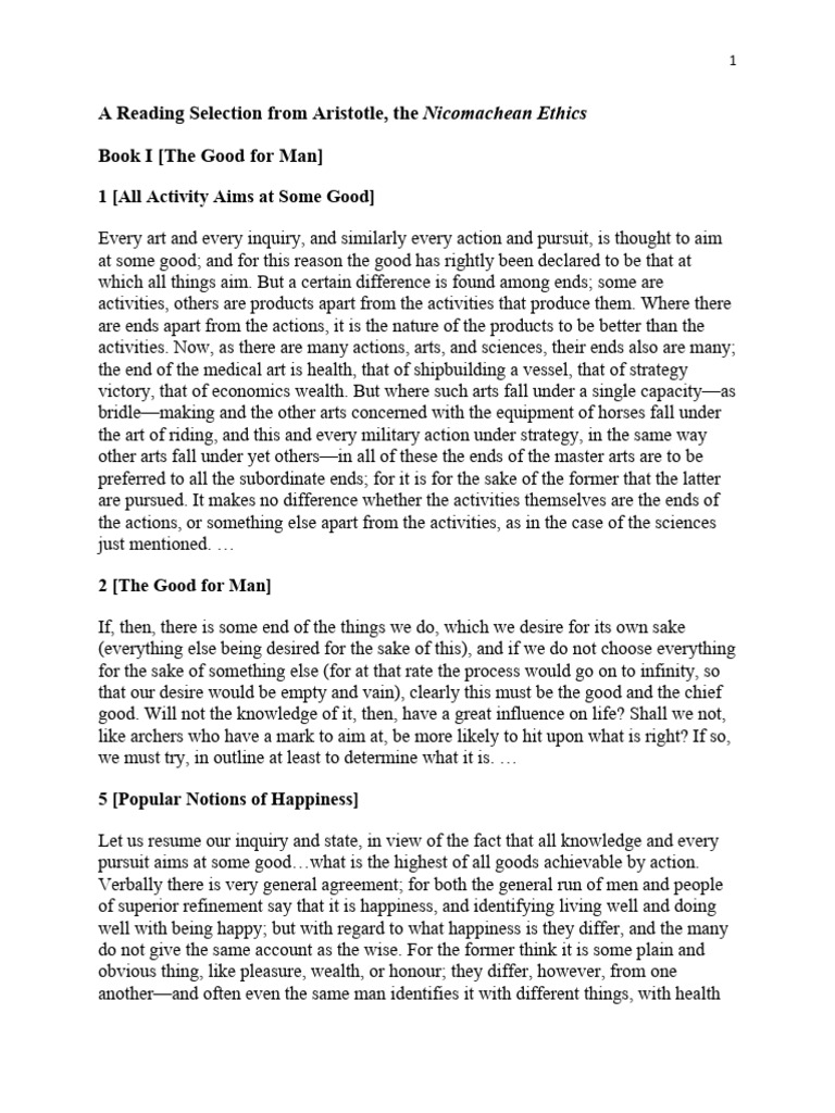 Aristotle - Nicomachean Ethics Reading Selection | PDF | Virtue | Happiness