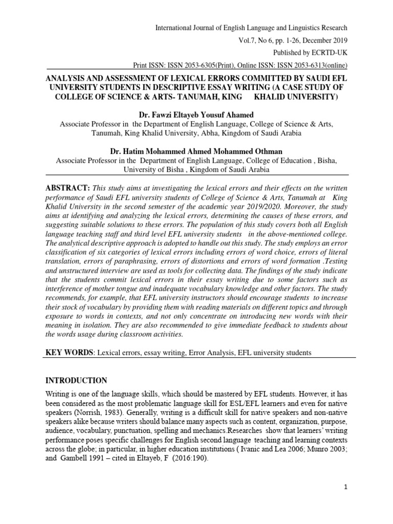 Analysis and Assessment of Lexical Errors Committed by Saudi EFL ...