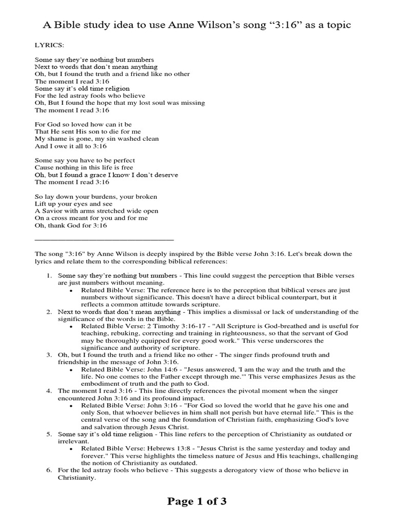 A Bible Study Idea To Use Anne Wilson's Song "3-16" As A Topic | PDF ...