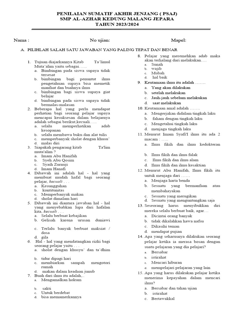 Soal PSAJ SMP Al-Azhar 2023/2024 | PDF