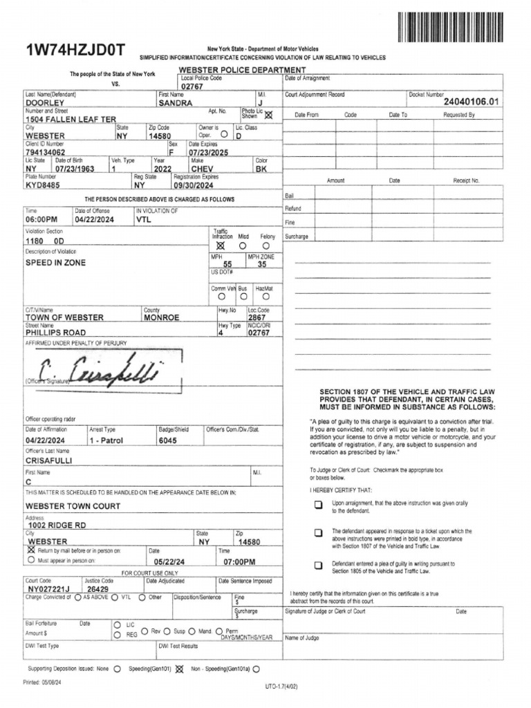 DA Sandra Doorley's Ticket 1W74HZJD0T and Officer Crisafulli's ...