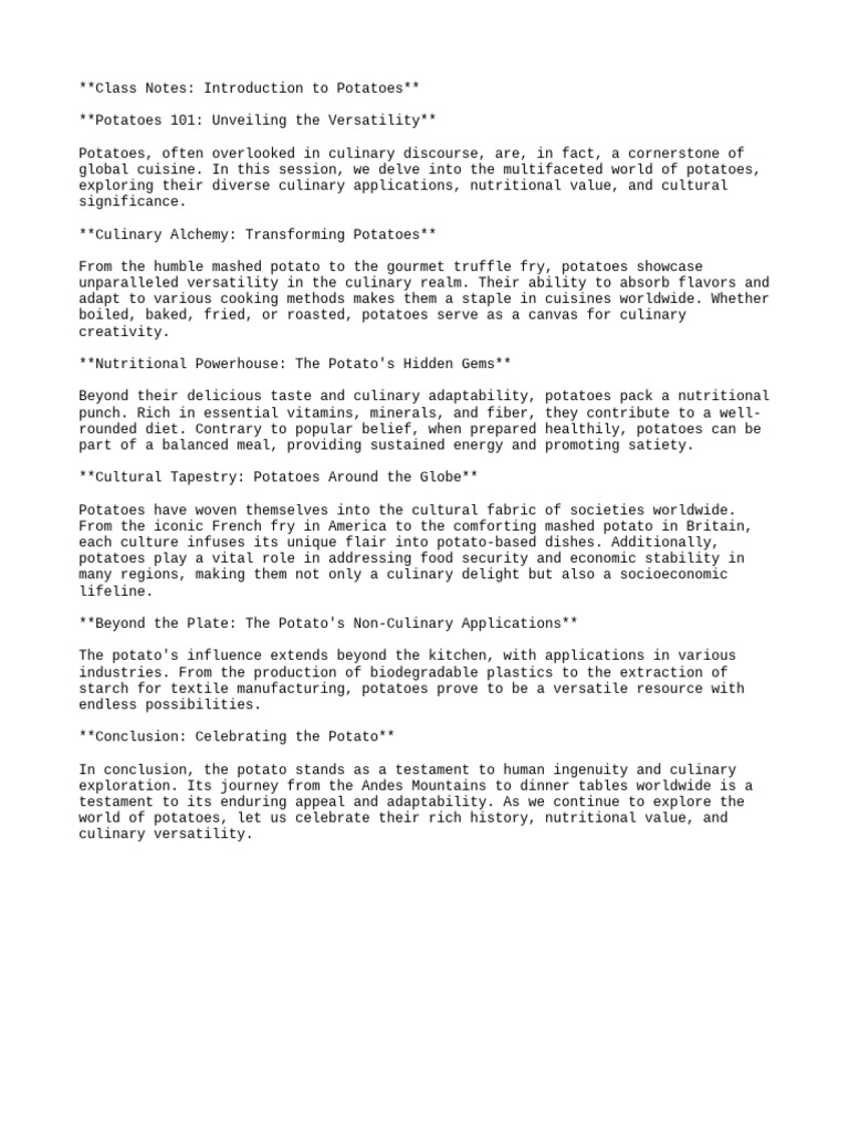 Class Notes - Introduction To Potatoes | PDF