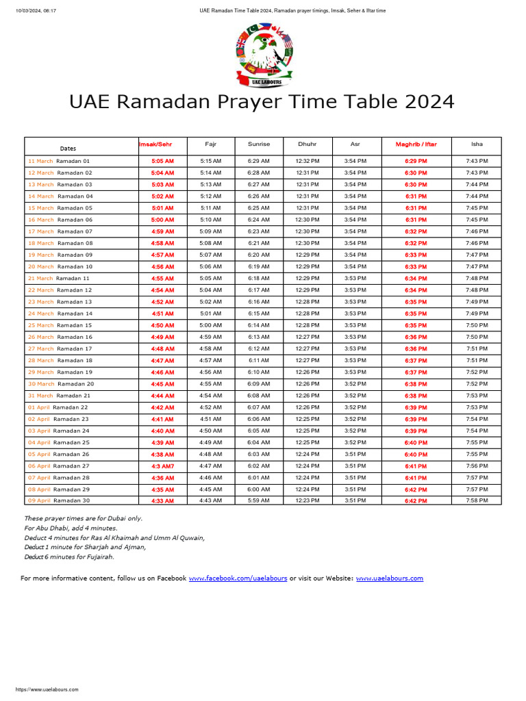 Ramadan Time Table 2024 UAE, Ramadan Prayer Timings, Imsak, Seher ...