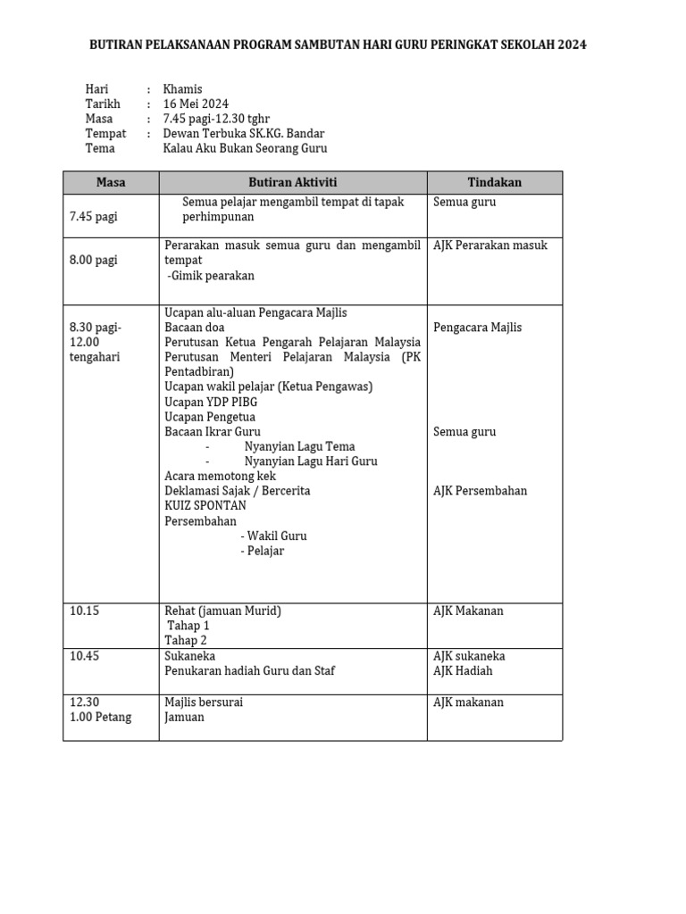 Butiran Pelaksanaan Program Sambutan Hari Guru Peringkat Sekolah 2024 | PDF