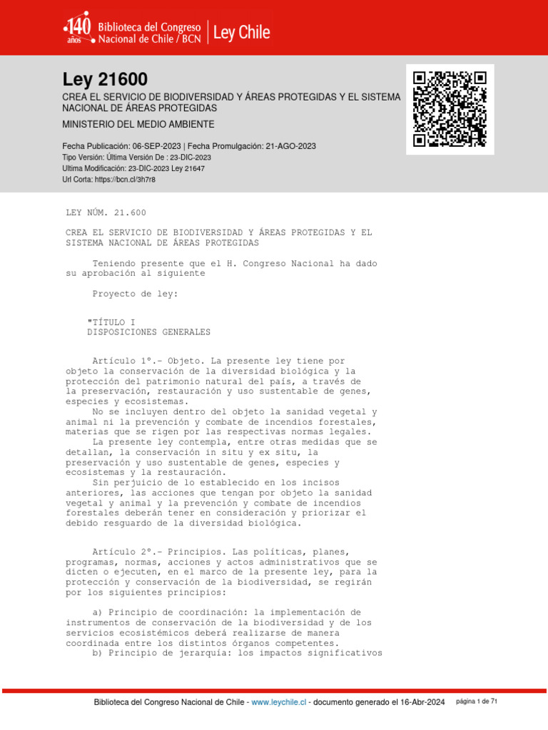 Ley 21600 - 06 SEP 2023 | PDF | Biodiversidad | Ecosistema