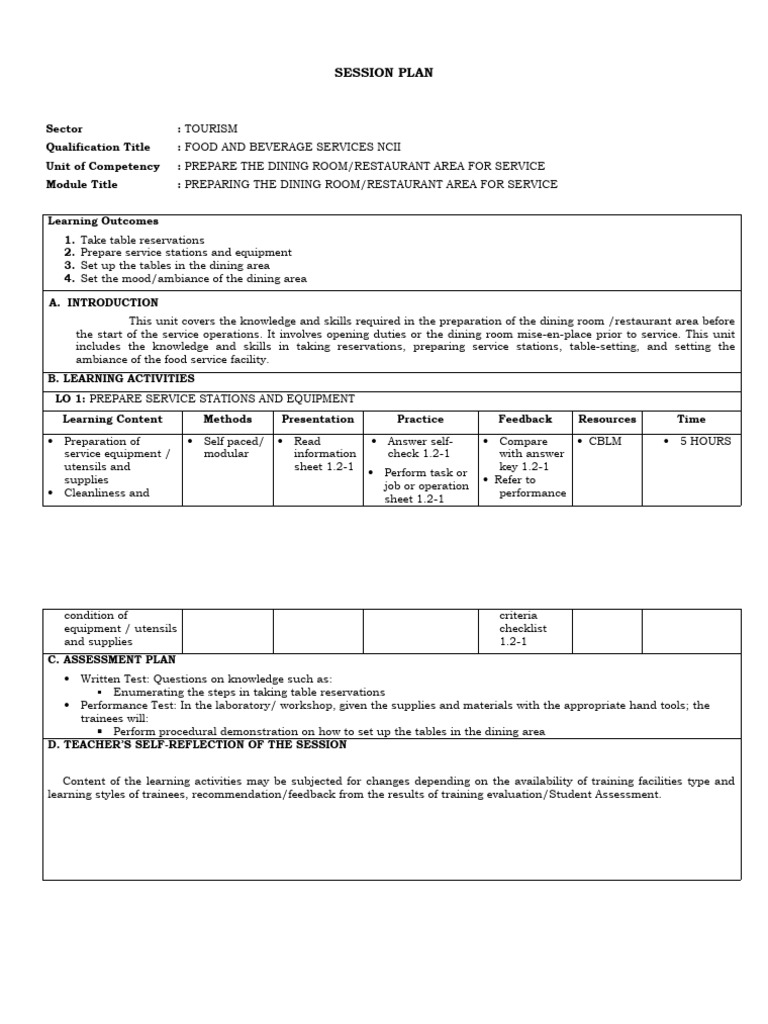 SessionPlan Group9-Fabres, Legaspi, Buenconcijo, Martinez | PDF | Learning | Restaurants