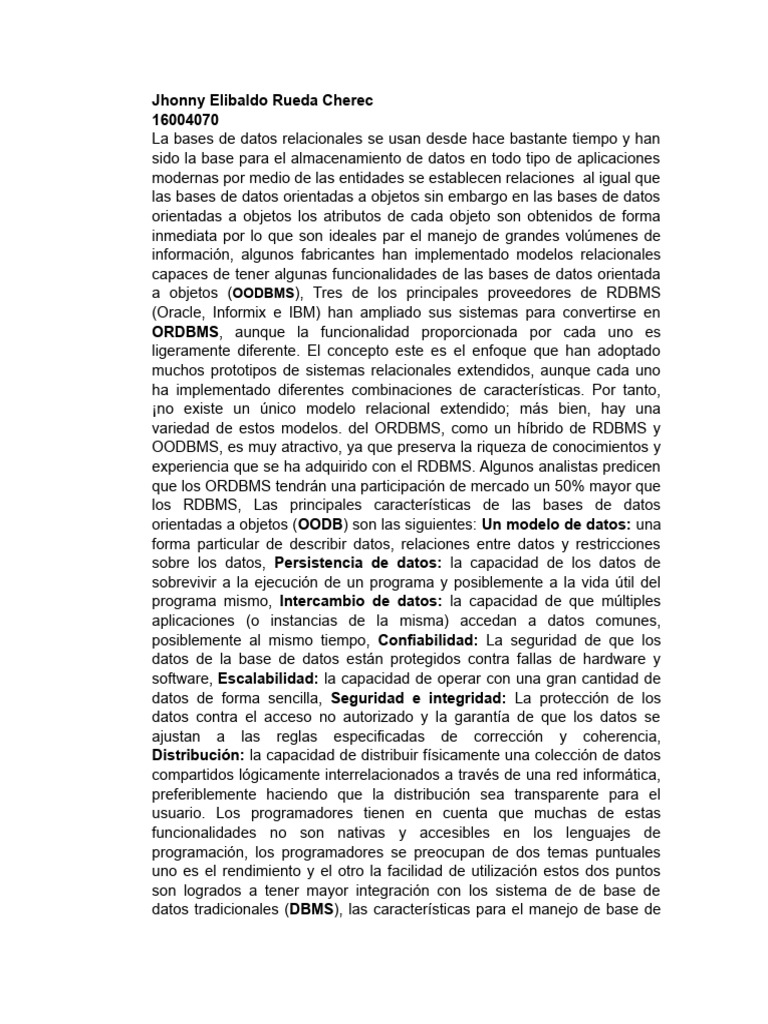 Comparación ORDBMS y OODBMS | PDF | Bases de datos | Objeto (informática)