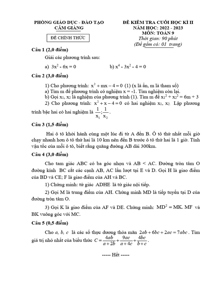 De Cuoi Hoc Ki 2 Toan 9 Nam 2022 2023 Phong GDDT Cam Giang Hai Duong | PDF