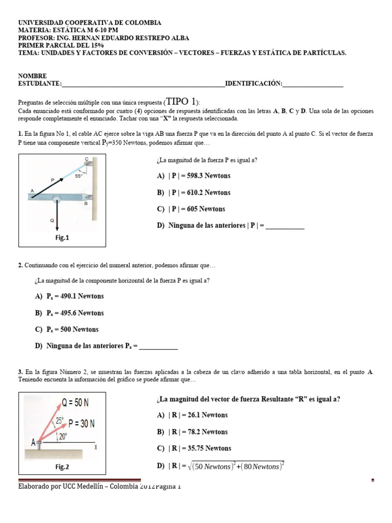 Examen Estática: Vectores y Fuerzas | PDF | Vector Euclidiano | Geometría