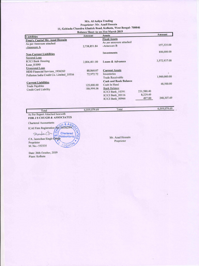 Al Aaliya Trading Balance Sheet | PDF