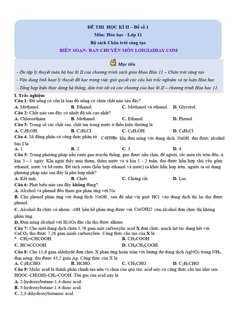 De Thi Hoc Ki 2 Hoa 11 Chan Troi Sang Tao de So 1 1710737391 | PDF