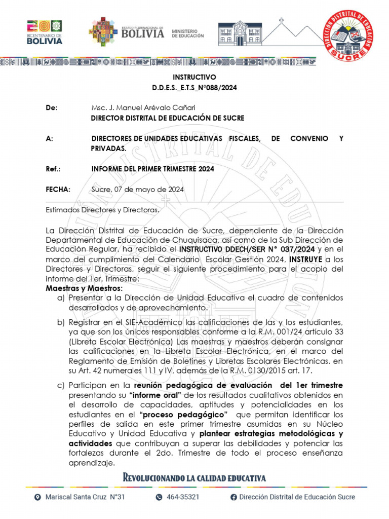Instructivo - D.D.E.S - 088 - Informe de Primer Trimestre 2024 | PDF | Evaluación