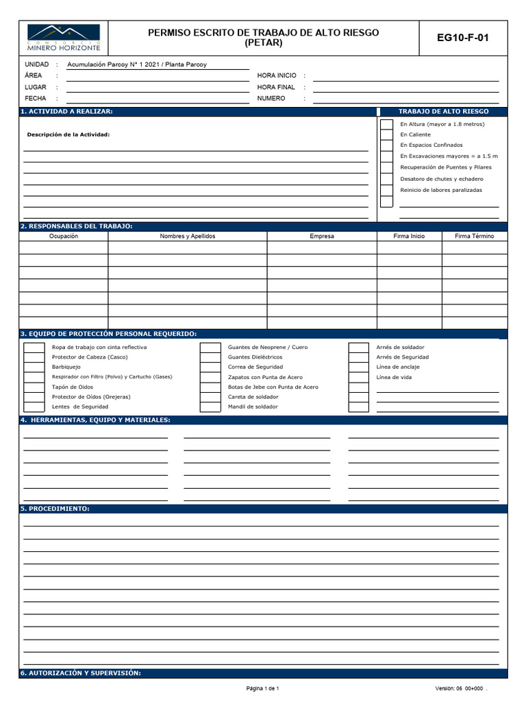 EG10-F-01 Permiso de Trabajo de Alto Riesgo - PETAR | PDF
