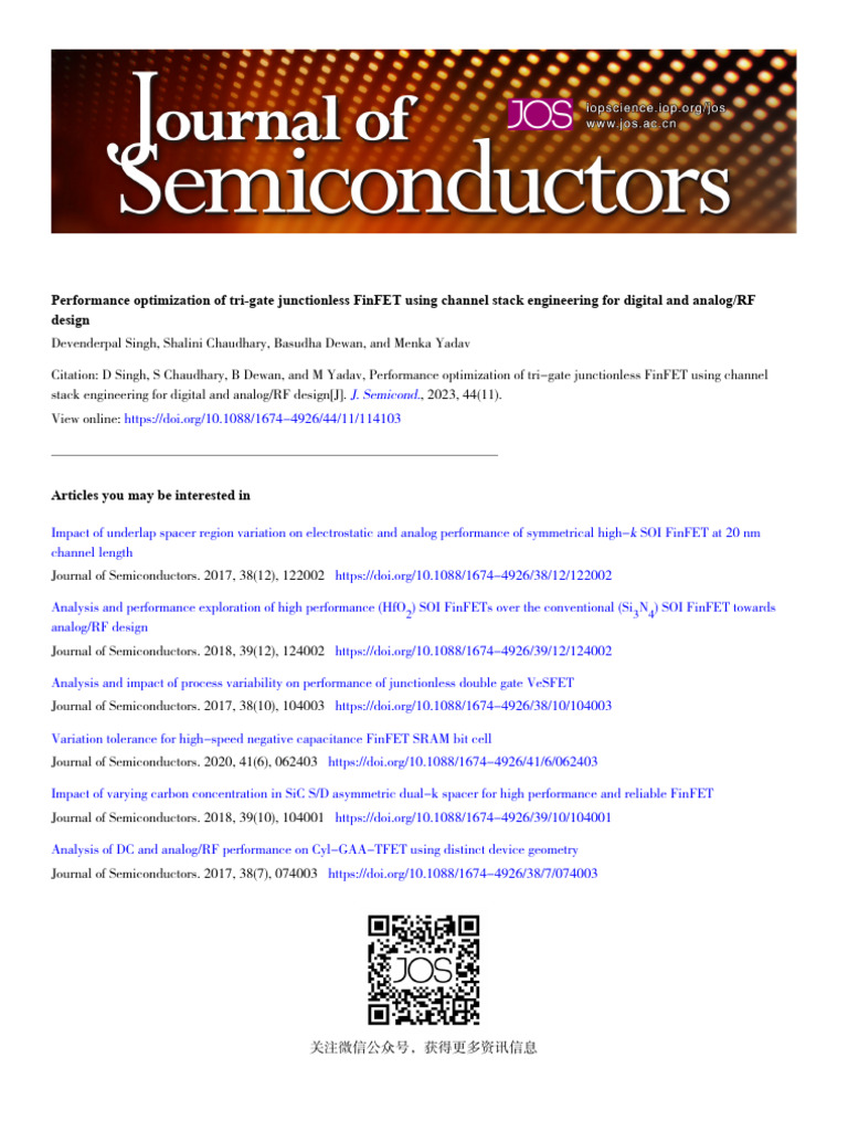 Performance Optimization of Tri-Gate Junctionless FinFET Using Channel Stack Engineering For ...