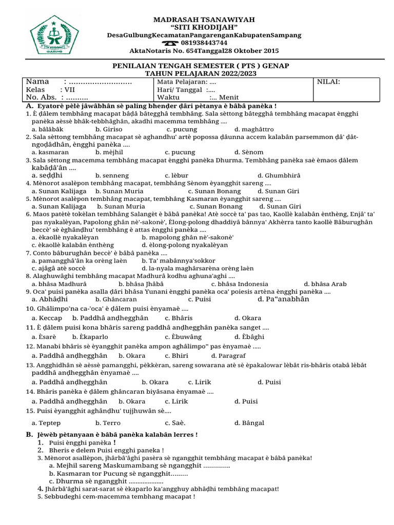 PTS SMSTR Genap BHS MADURA KLS VII 2023 | PDF