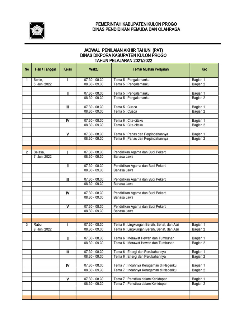 JADWAL PAT 2021-2022 Tanpa Shift | PDF | Sains & Matematika