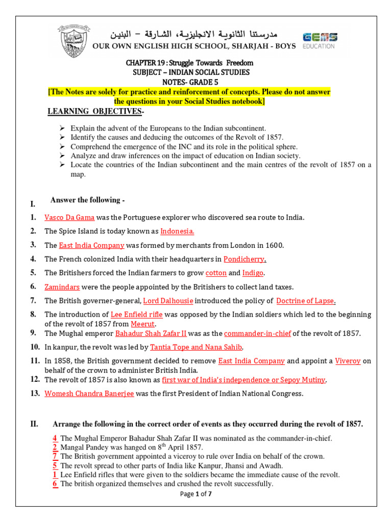 Chapter 19 - Struggle Towards Freedom - Notes - 2023-24 | PDF | Indian ...