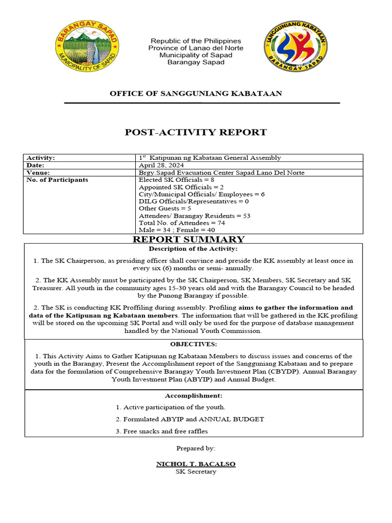 Brgy - Sapad KK 1ST Gen - Ass Post-Activity Report | PDF | Youth ...