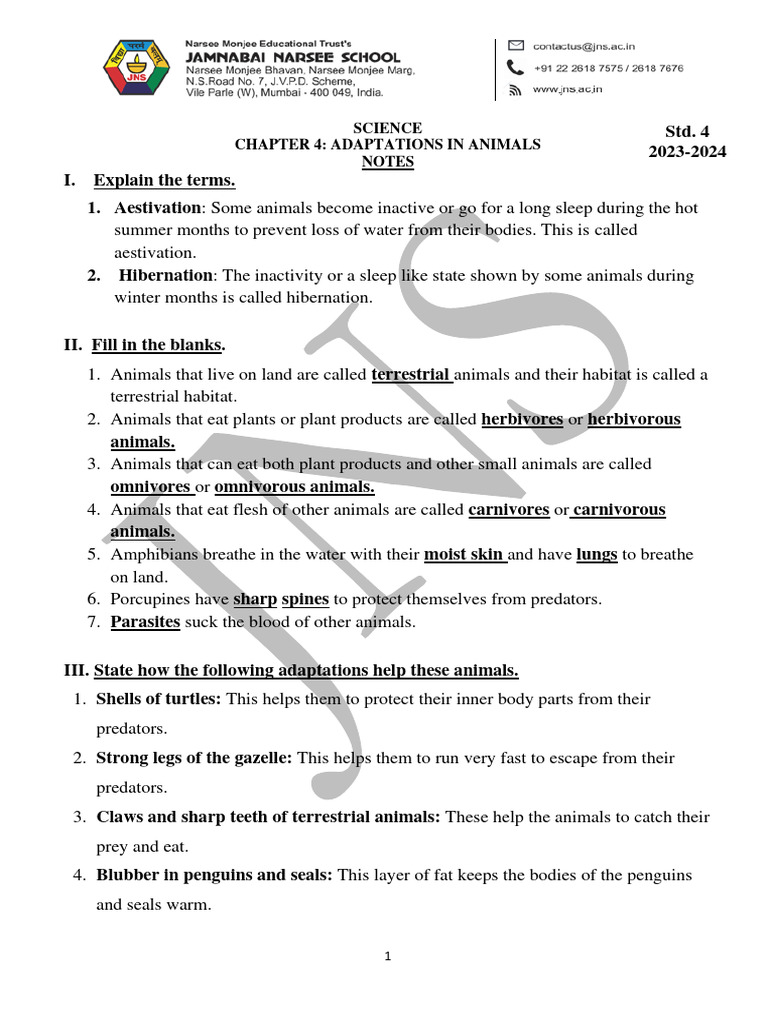 JH EcampusUpload SubjectNote Science Adaptation in Animals Notes 2023 ...