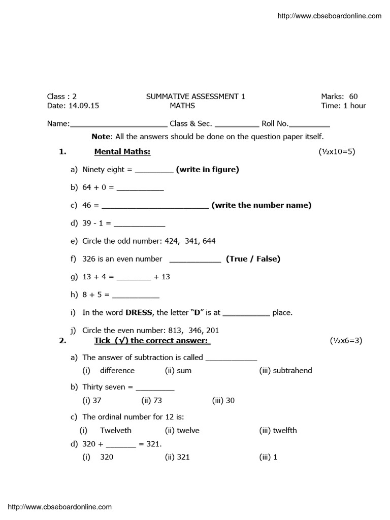 Cbse Class 2 Sa1 Mathematics 2016 | PDF | Mathematics