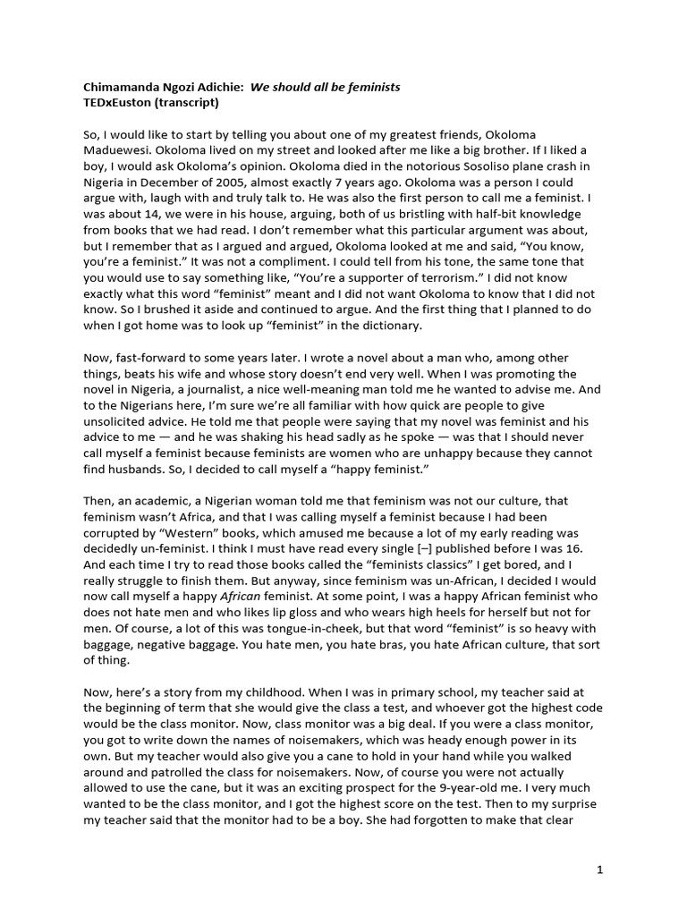 03 Adichie, We Should All Be Feminists Transcript | PDF | Gender ...