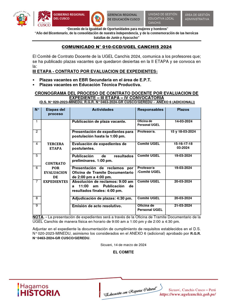 5367119 Comunicado n 010 Ccd Ugel Canchis 2024 (1) | PDF