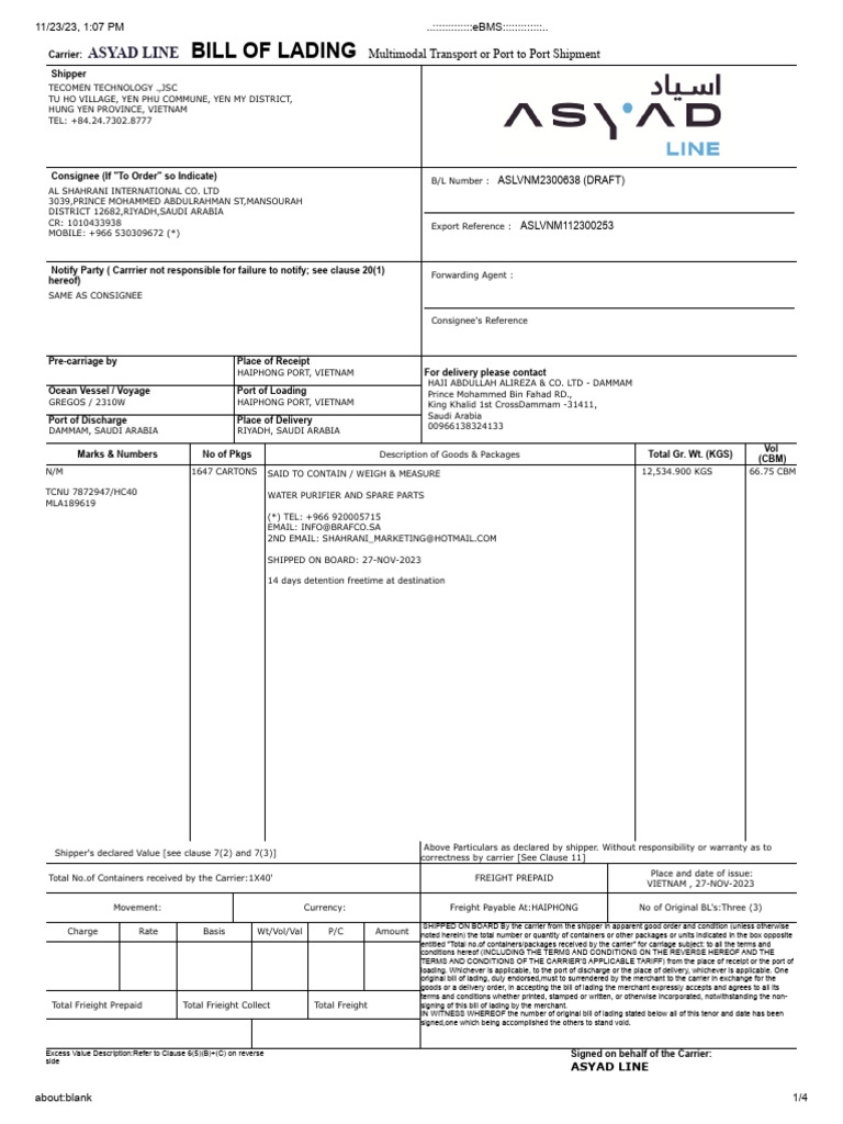Draft BL | PDF | Bill Of Lading | Cargo
