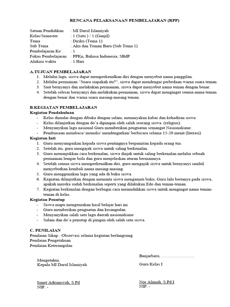 RPP 1 Lembar Kelas 1 Tema 1 Subtema 1 Ok | PDF | Karier & Perkembangan | Seni & Disiplin Bahasa