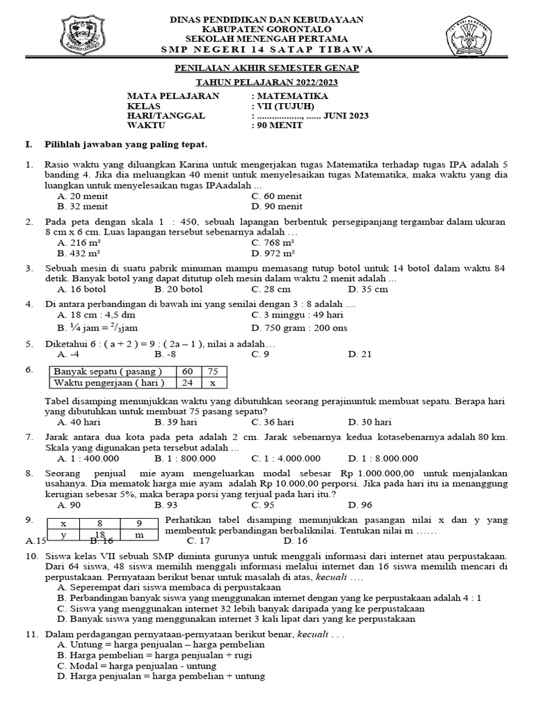 SOAL UJIAN SEMESTER GENAP MATEMATIKA KELAS VII Fix | PDF | Metode & Bahan Ajar