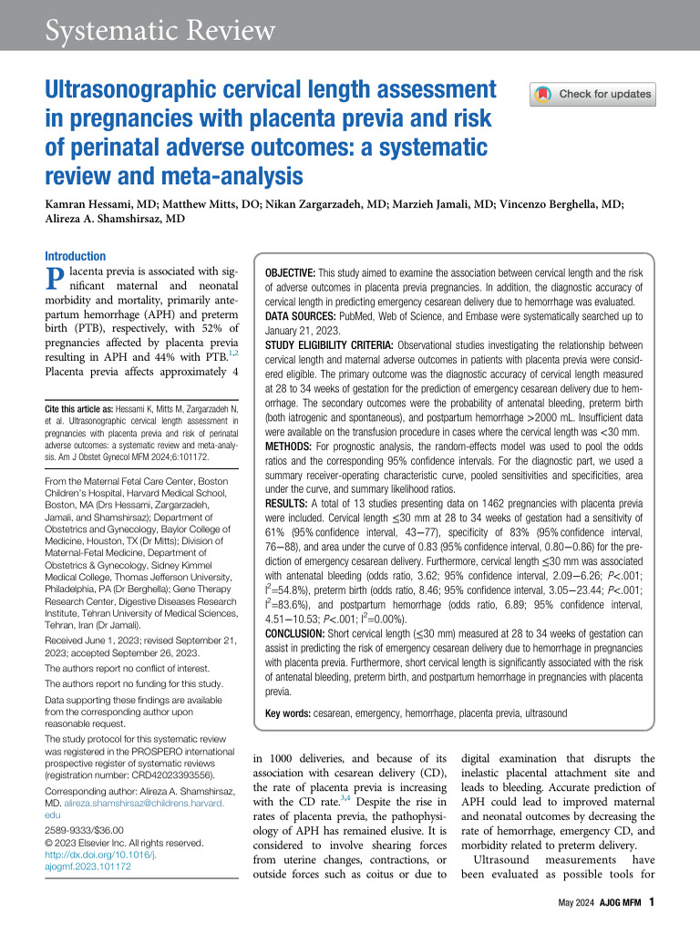 Cervical Length in Placenta Previa Outcomes | PDF | Preterm Birth ...