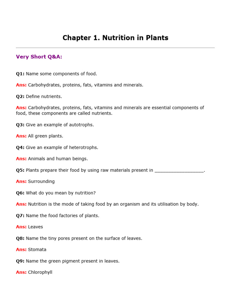 CBSE Class 7th Science Value Based Questions Chapter 1 Nutrition in Plants PDF Download | PDF ...