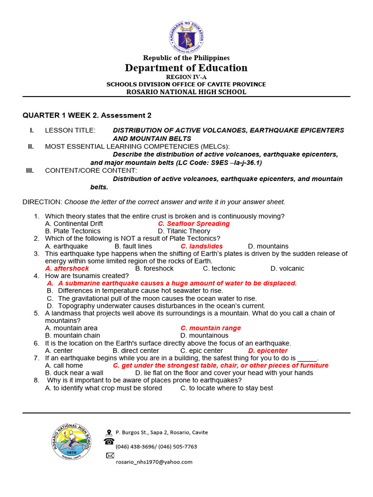 Q1 Week 2 Formative Assessment 2 | PDF | Plate Tectonics | Earthquakes