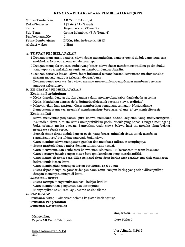 RPP 1 Lembar Kelas 1 Tema 2 Subtema 4 Ok | PDF | Seni & Disiplin Bahasa | Sains & Matematika