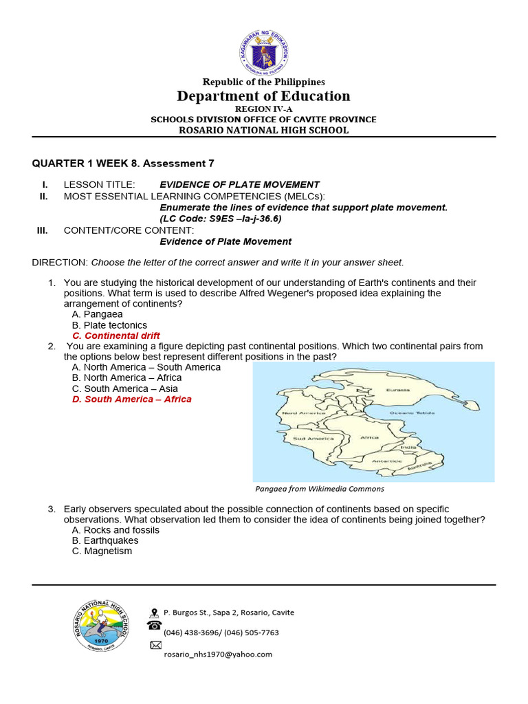 Evidence of Plate Movement Assessment | PDF | Plate Tectonics | Earth ...
