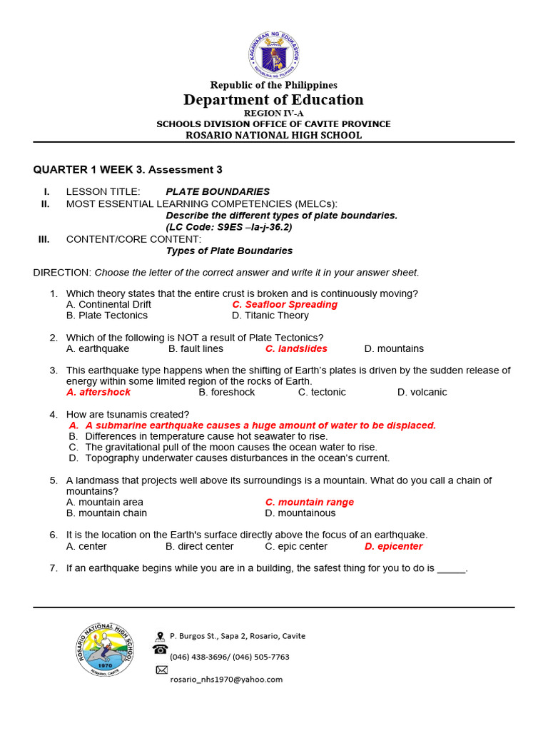Q1 Week 3 Formative Assessment 3 | PDF | Plate Tectonics | Earthquakes