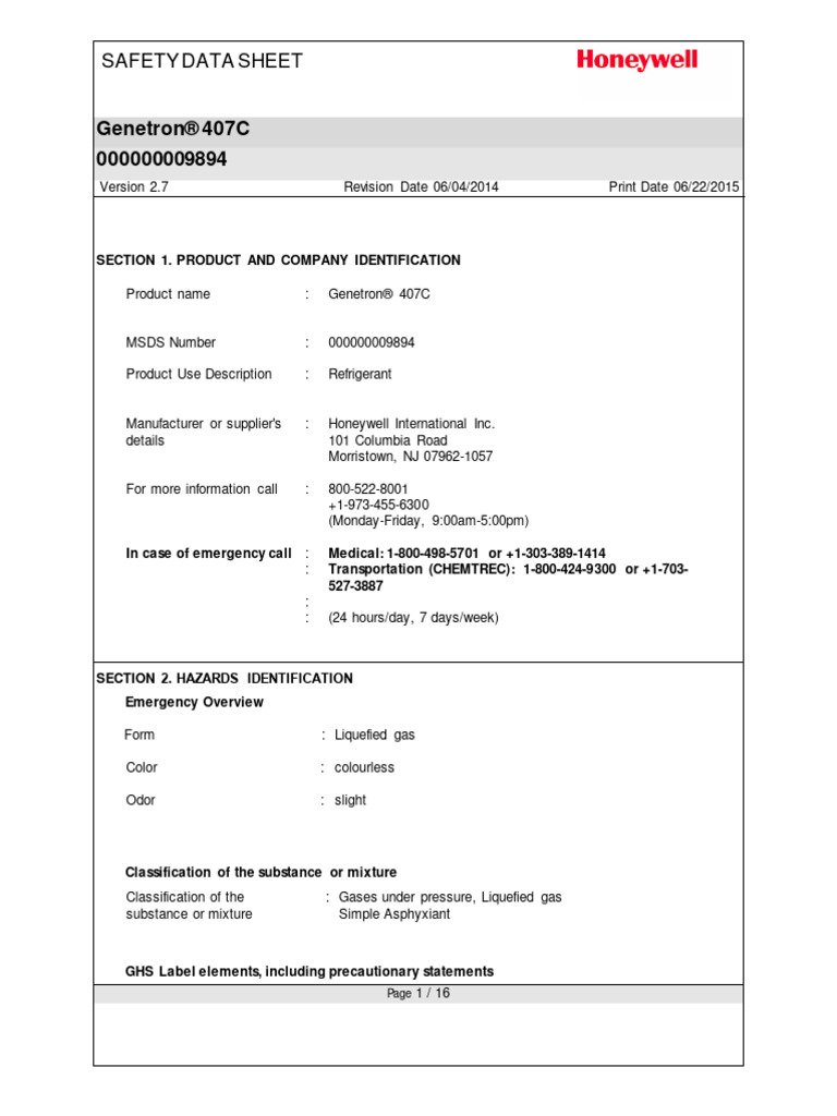 Honeywell Genetron R407C | PDF | Firefighting | Carbon Dioxide