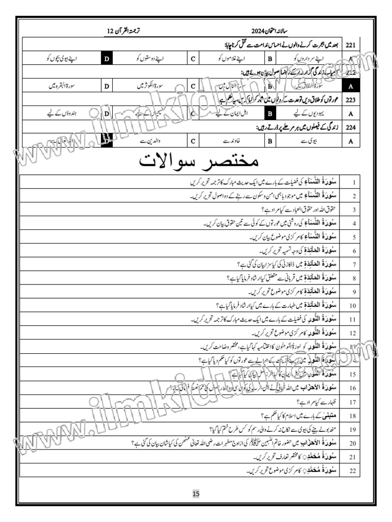 12th Class Guess Papers 2024 TTQ Short | PDF
