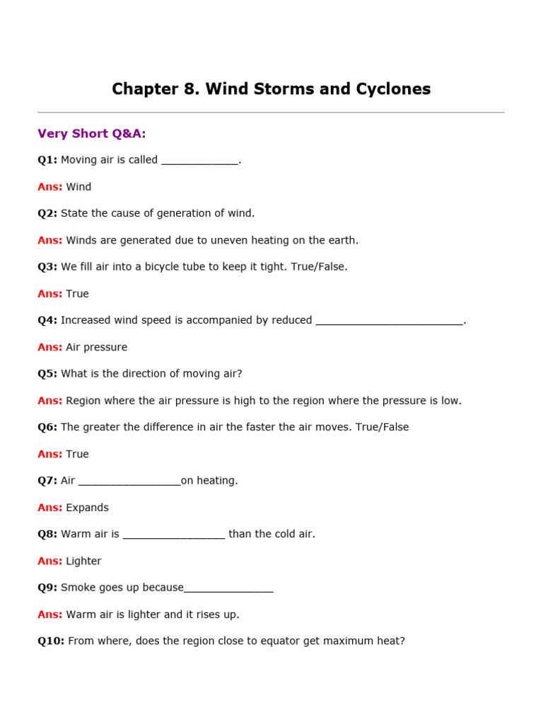 CBSE Class 7th Science Value Based Questions Chapter 8 Wind Storms and ...
