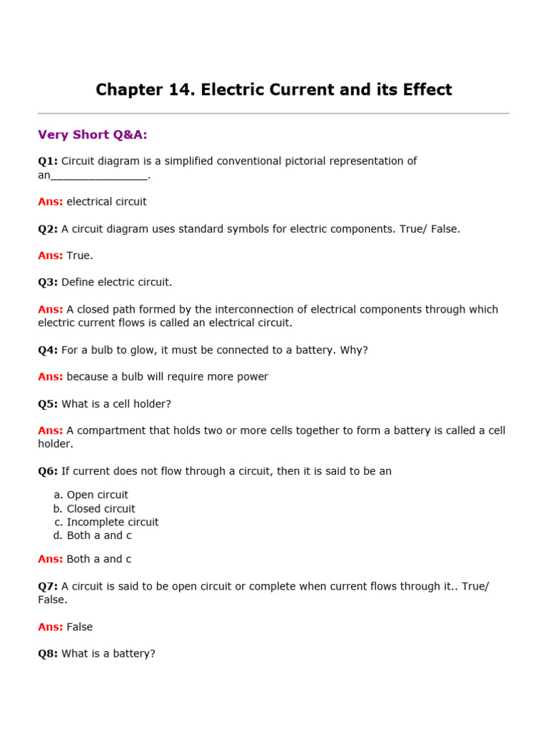 CBSE Class 7th Science Value Based Questions Chapter 14 Electric ...