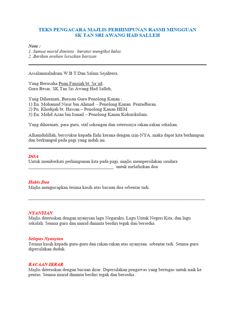 Teks Pengacara Majlis Perhimpunan Rasmi Mingguan | PDF | Agama & Spiritualitas
