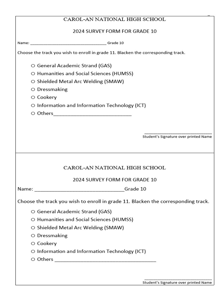 Grade 10 Enrollment Track Survey 2024 | PDF