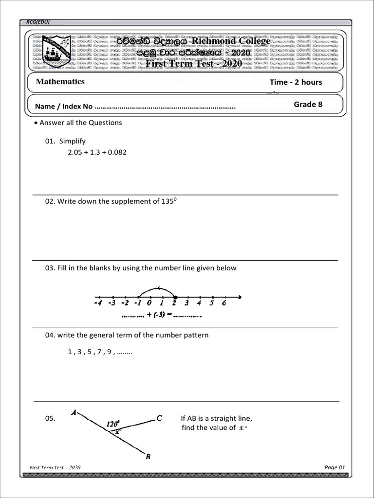 2020 Grade 08 Maths First Term Paper English Medium Richmond College | PDF