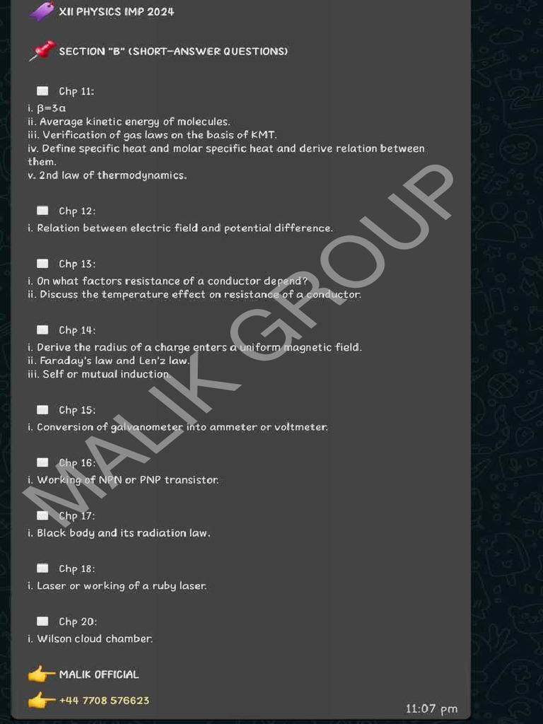 XII PHYSICS - IMP 2024 - MALIK GROUP | PDF