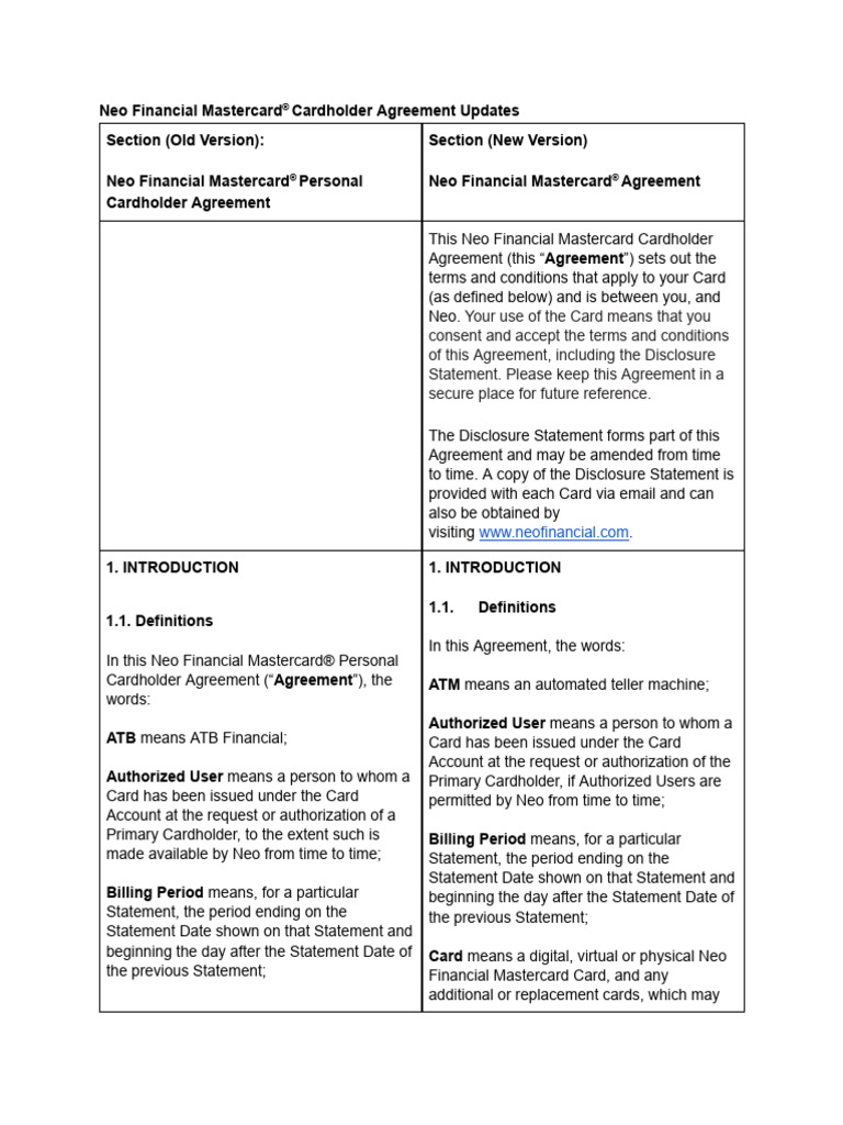 Neo Financial Mastercard Agreement and Diclosure Statement Rate Fee ...