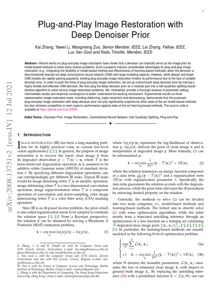 Plug-and-Play Image Restoration With Deep Denoiser Prior | Download Free PDF | Computer Vision ...