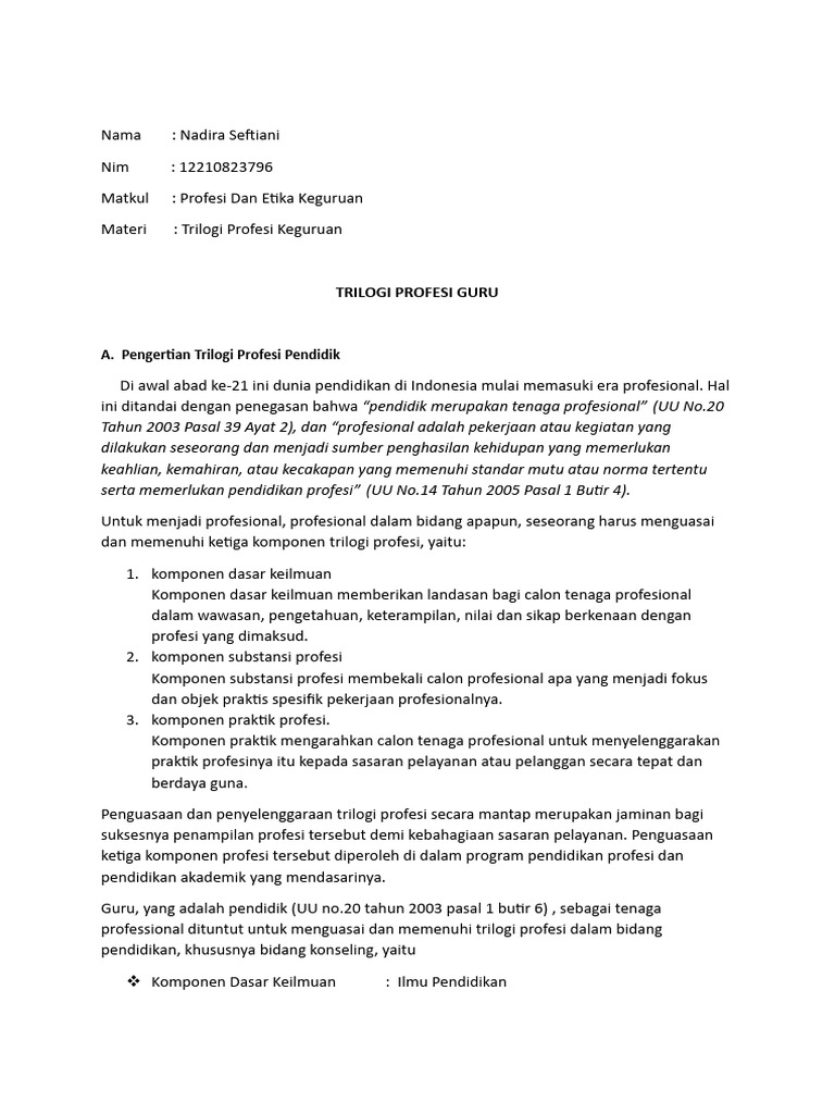 Trilogi Profesi Keguruan Nadira Seftiani | PDF