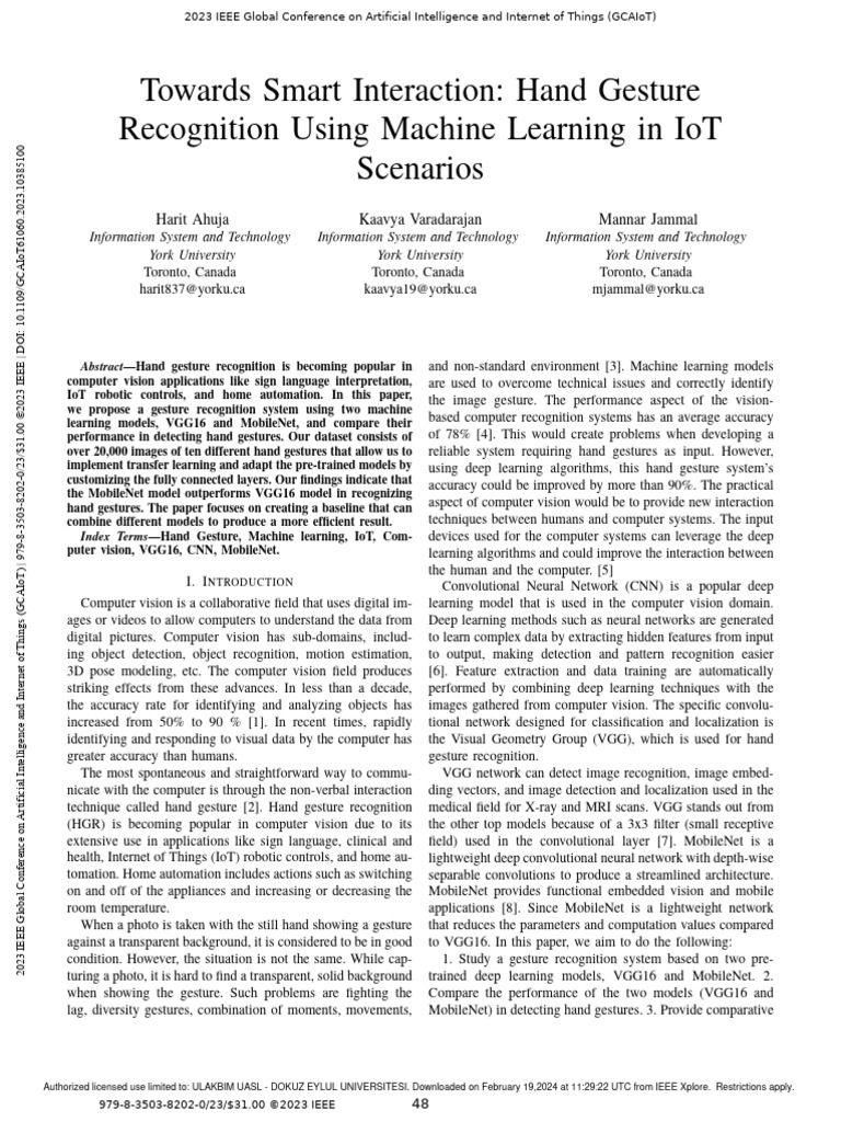 Towards Smart Interaction Hand Gesture Recognition Using Machine Learning In Iot Scenarios Pdf