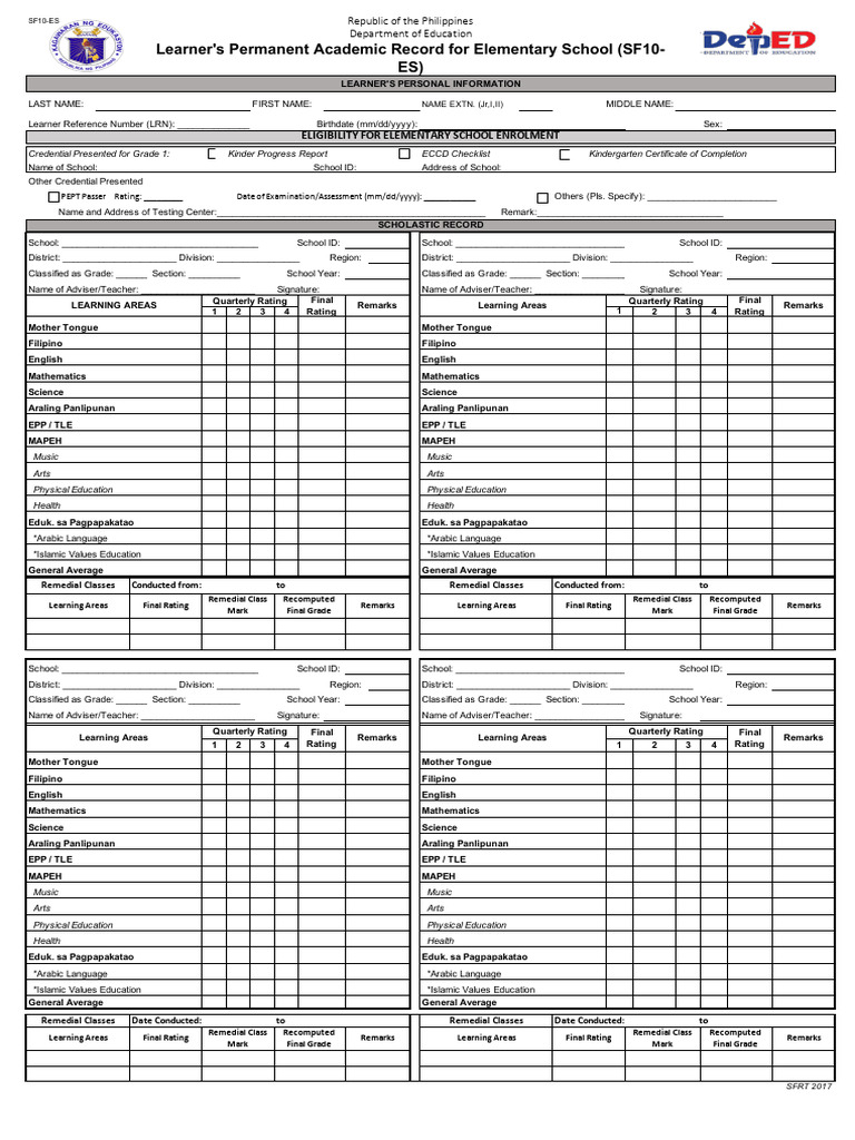 SF 10 Learner - S Permanent Academic Record For Elementary School ...