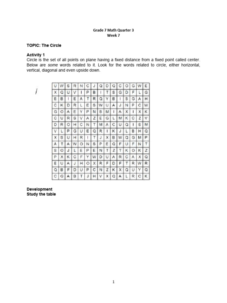 Grade 7 Math Quarter 3 Week 7 TOPIC: The Circle Activity 1 | PDF ...